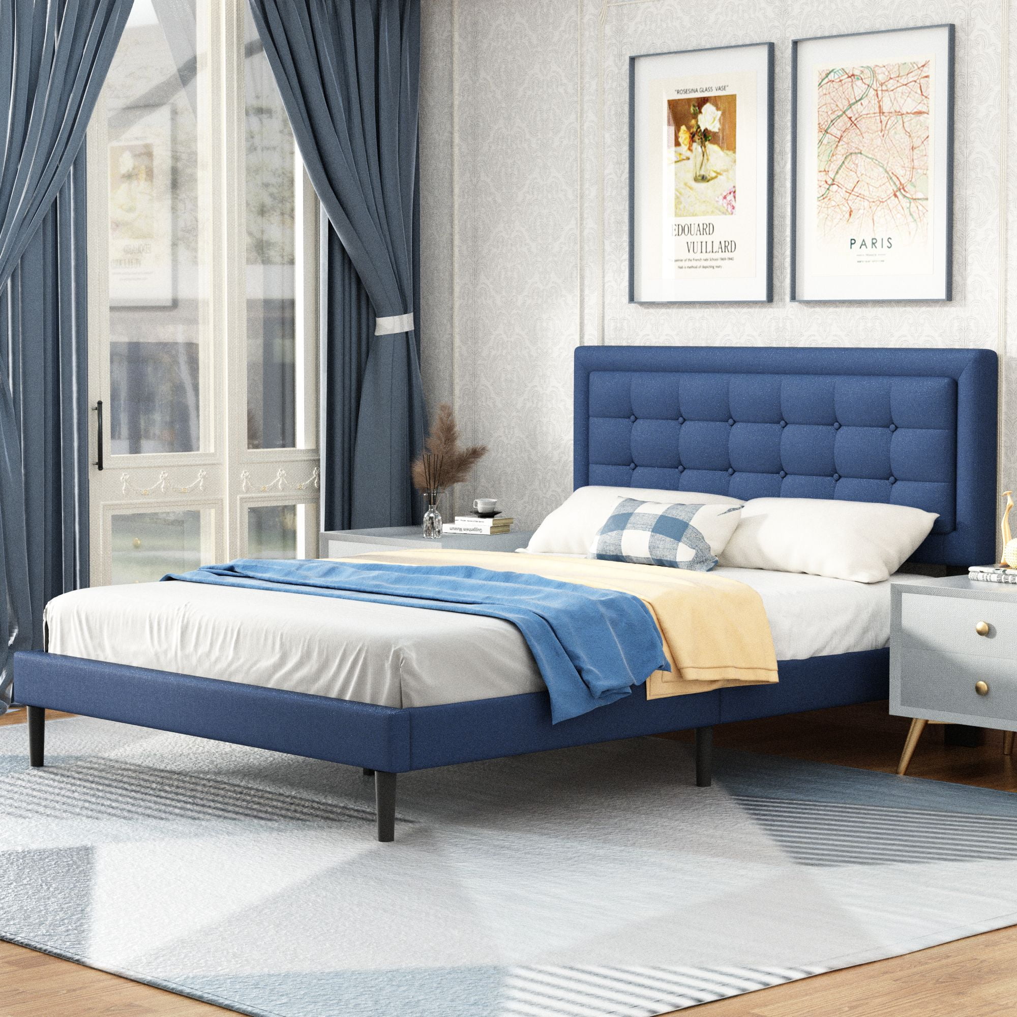 Unizone Bed Frame Queen Size with Upholstered Headboard, Modern Tufting ...