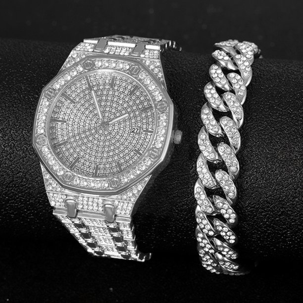 2024 Iced Out Watch Bracelet for Mens Watch Cuban Chain Iced Out Watch ...