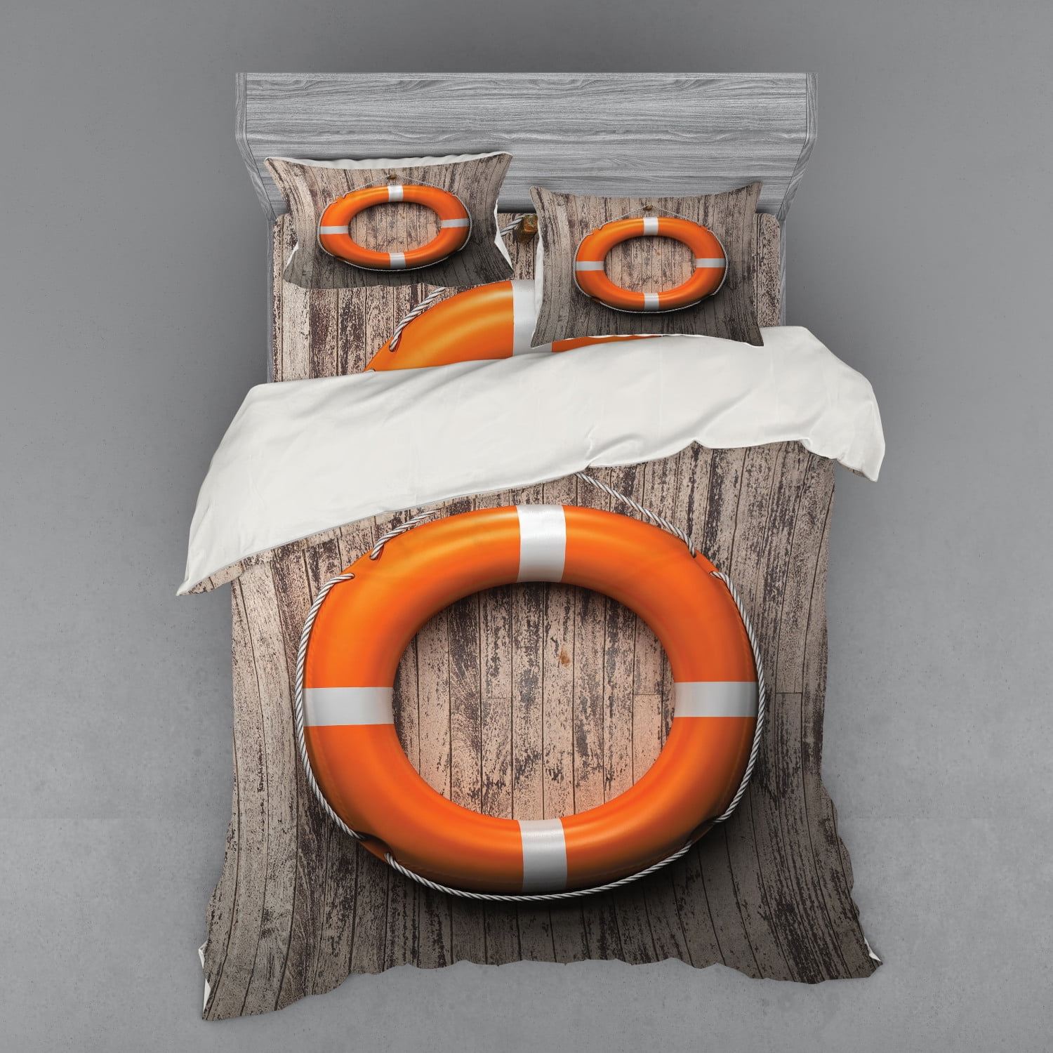 Buoy Duvet Cover Set, Life Buoy Attached to a Wooden Wall Hardwood with ...