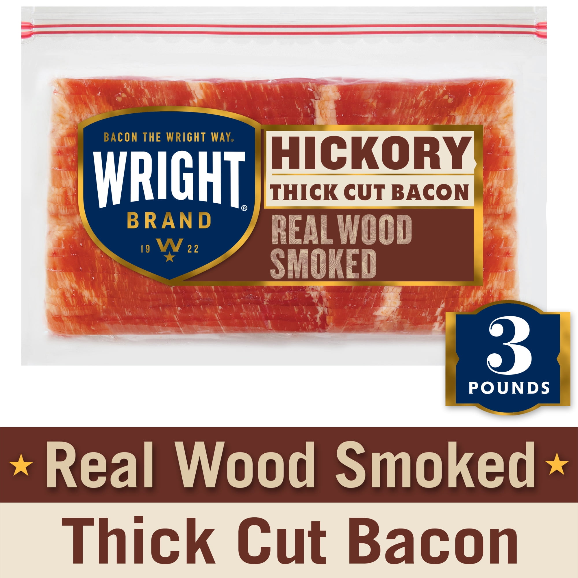 Wright Brand Thick Cut Hickory Real Wood Smoked Bacon, 3 lb - Walmart.com