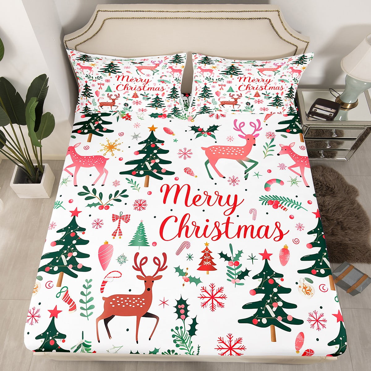 Click here for Yst Christmas Deer Bed Sheets Queen Pine Tree Snow... prices