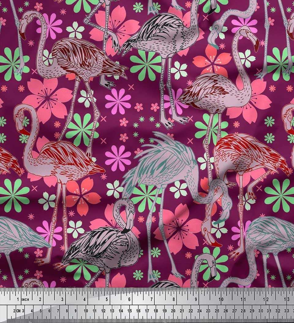 Soimoi Satin Silk Fabric Floral & Flamingo Bird Print Fabric by Yard 42 ...