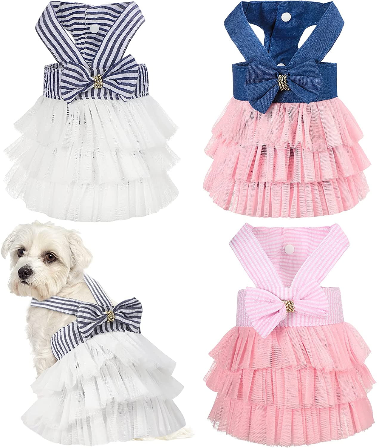 Dog Tutu Dresses Puppy Bow Knot Dress Pet Princess Dresses Striped Mesh ...