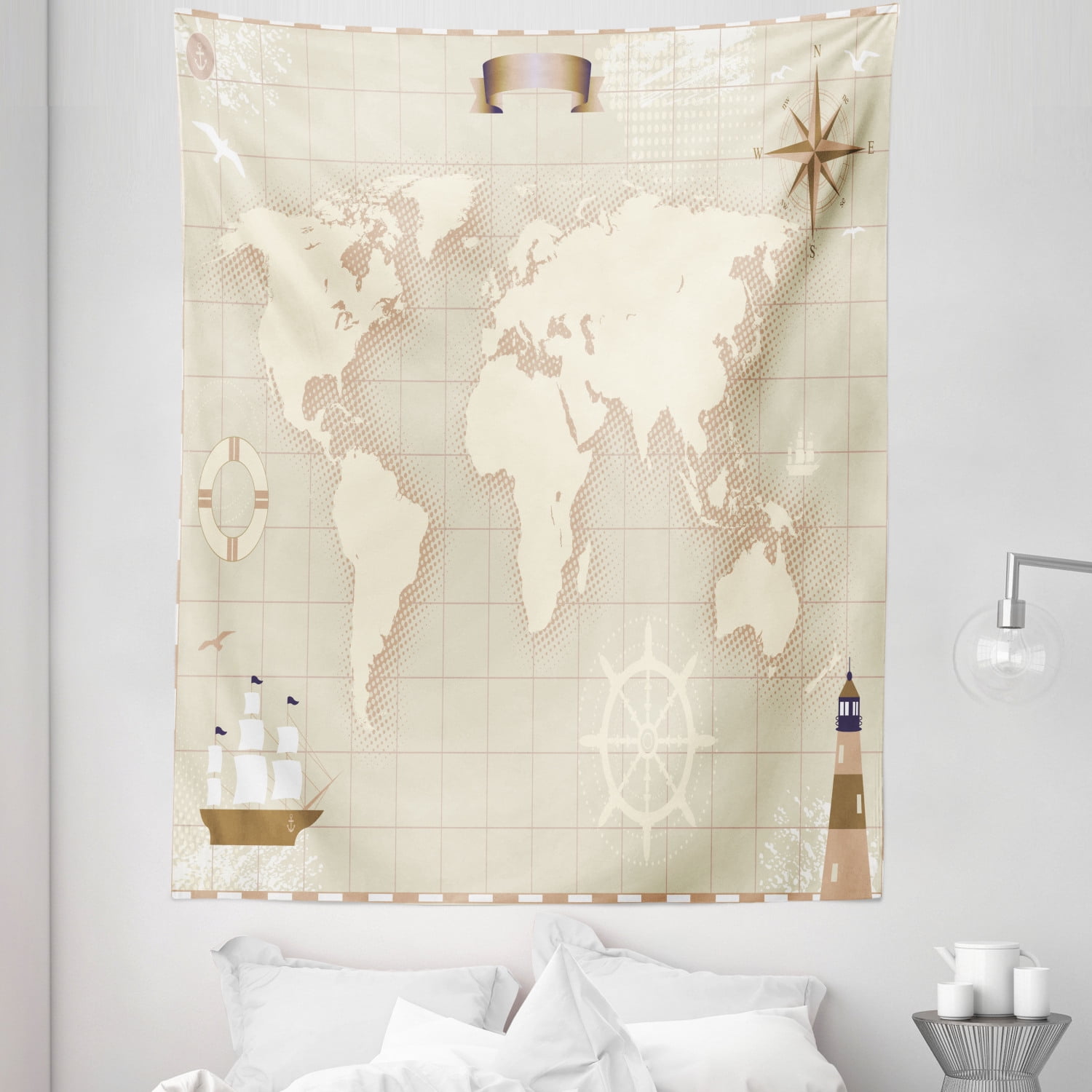 Vintage Boat Tapestry, Old World Map with Windrose Lighthouse Life ...