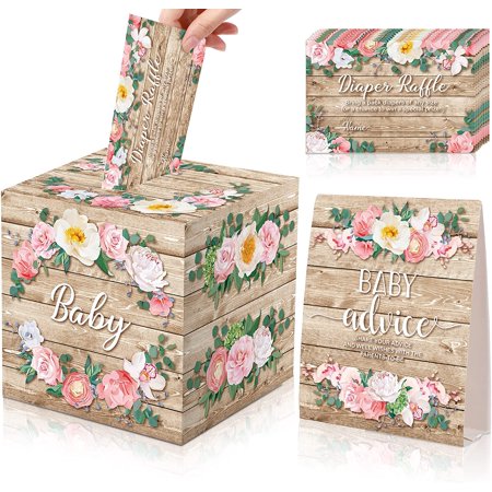 52 Pcs Floral Diaper Raffle Tickets with Baby Shower Card Box Advice ...