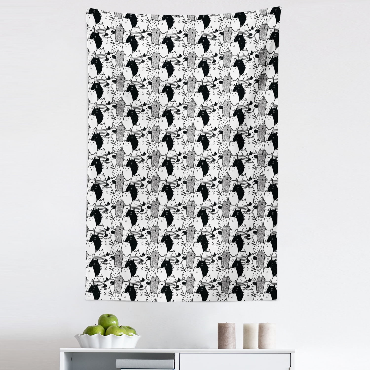 Cat Tapestry, Monochrome Pattern with Hand Drawn Style Animal ...
