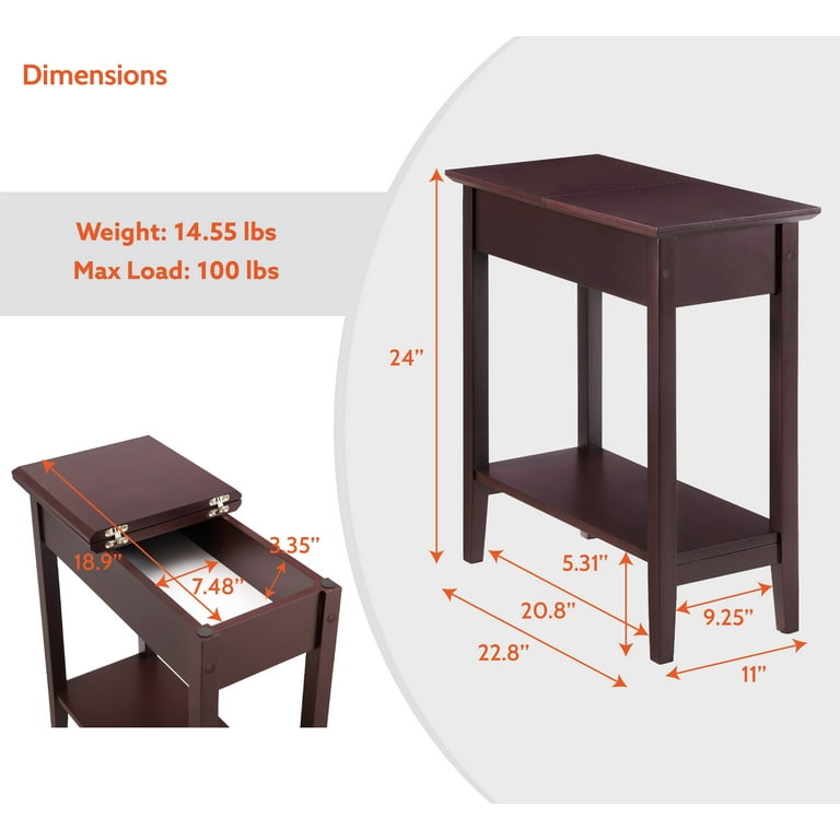 Naomi Home Roxy Narrow End Table with Storage Flip Top Narrow Side Tables for Small Spaces Slim End Table with Storage Shelf Sofa Table for Bedroom