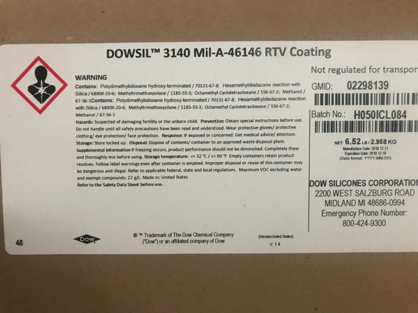 DOWSIL 3140 RTV Clear Silicone Coating MIL-A-46146 ( 6.52 LB ...