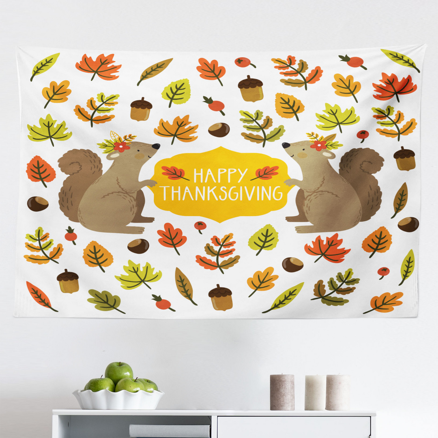 Squirrel Garden Tapestry, Cartoon Forest Scenic Look of Autumn Season ...
