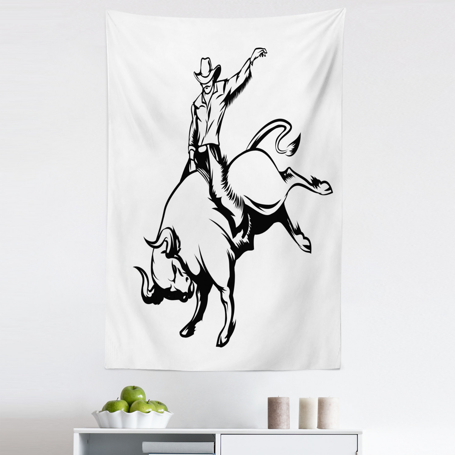Rodeo Tapestry, Cowboy Riding a Wild Bull Minimalist Folklore Old West ...