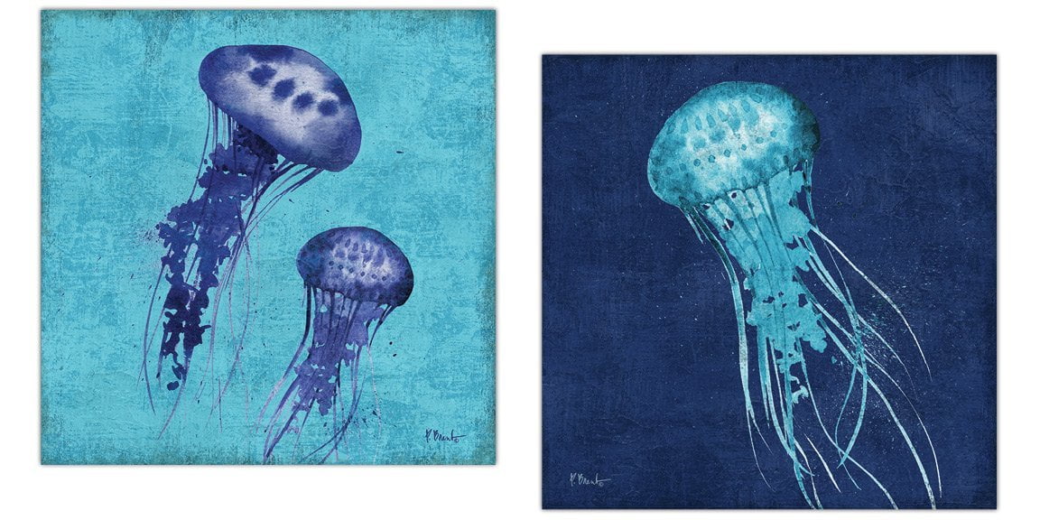 2 Beautiful Dark and Light Blue Watercolor-Style Jellyfish Prints ...
