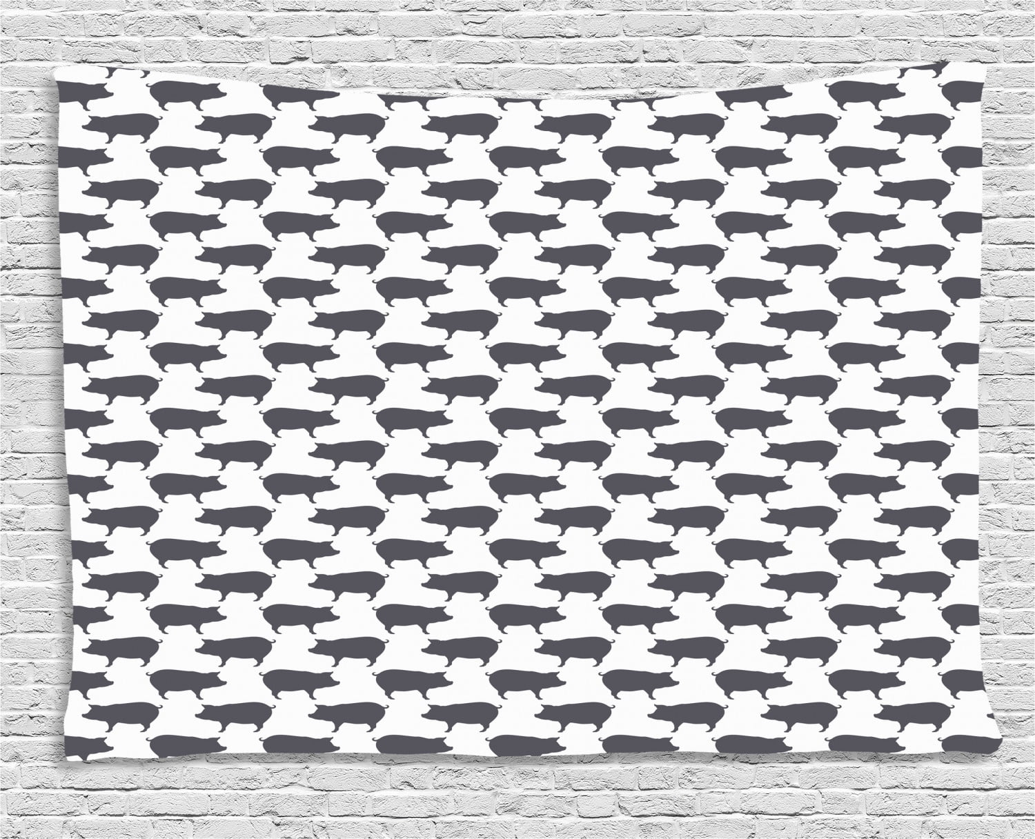 Pig Tapestry, Continuous Pig Animal Silhouette Pattern Domestic Mammal ...