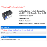 Mercedes-Benz GL450 2007-2012 Auxiliary Battery - 1.2AH - Back-up ...