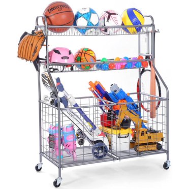 SKYSHALO Rolling Sports Ball Storage Cart with Lockable wheels Garages ...