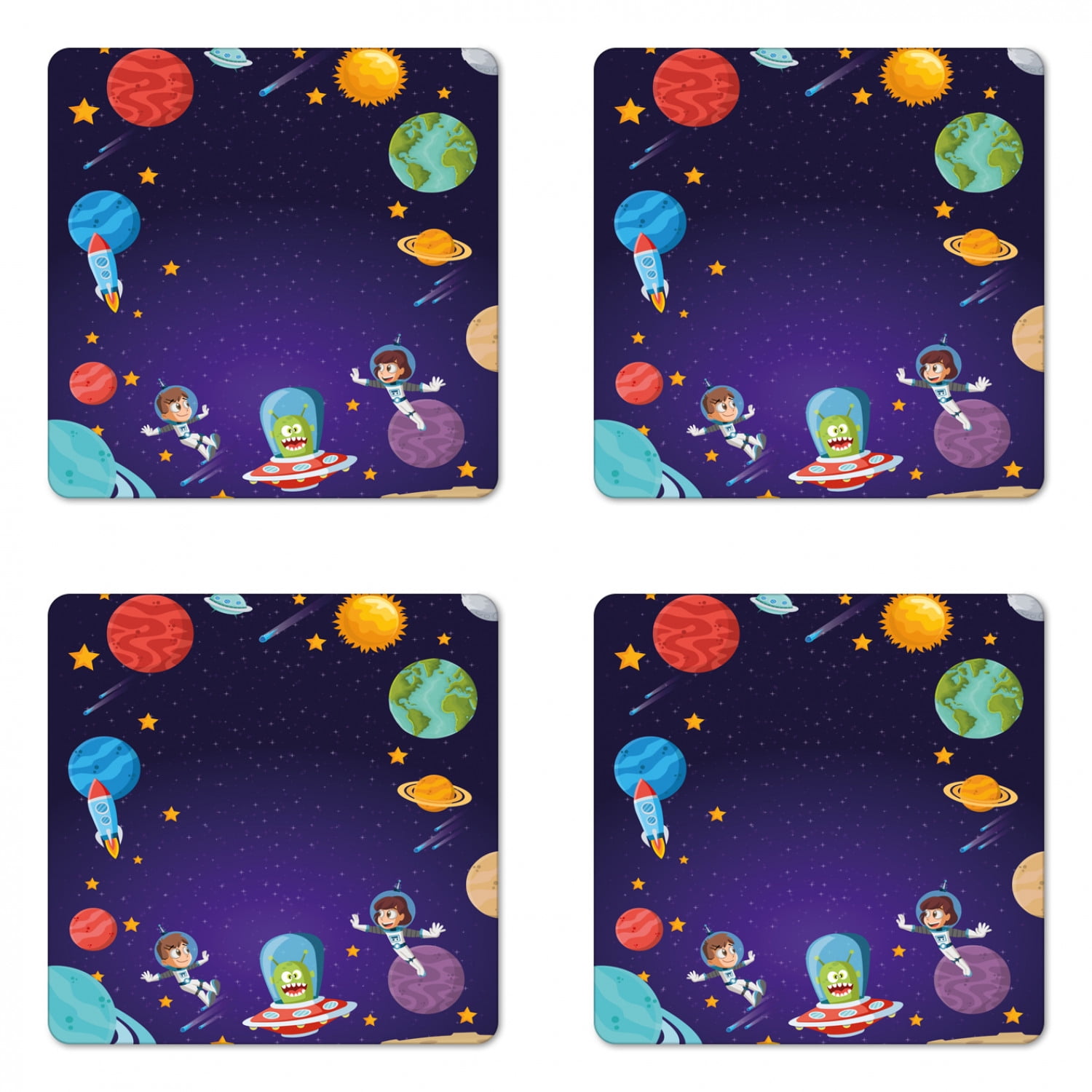 Alien Coaster Set of 4, Outer Space Themed Cartoon Astronaut Traveling ...