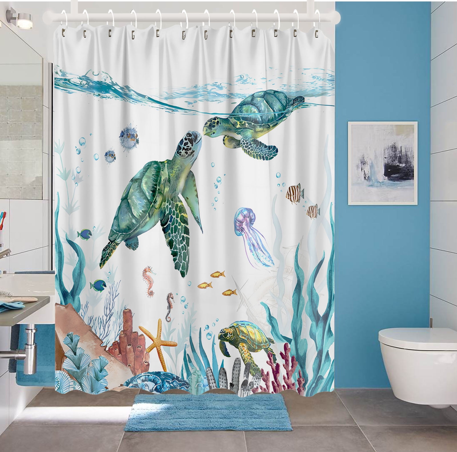 Nautical Sea Turtle Shower Curtain, Funny Ocean Animal Octopus Starfish ...