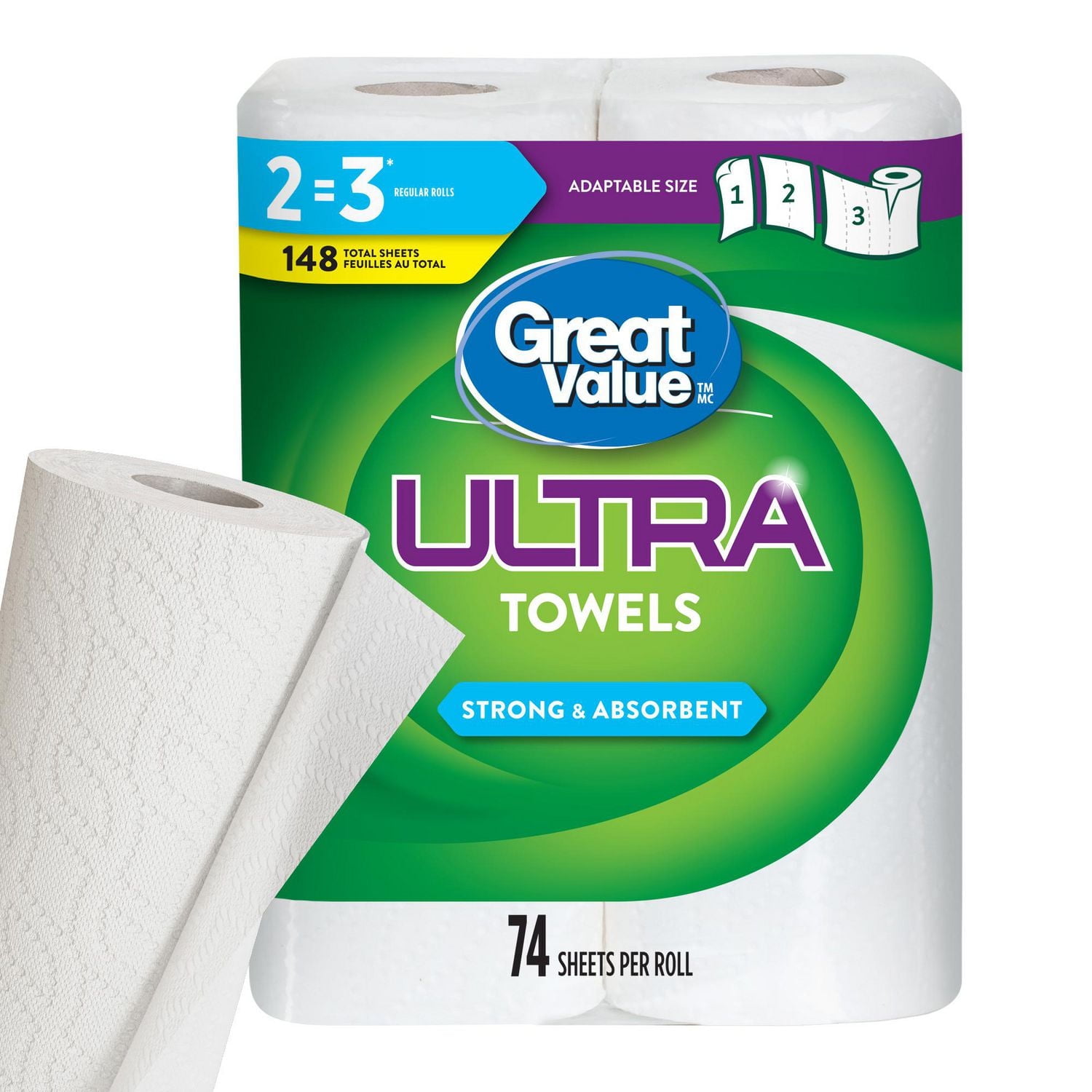 Great Value Ultra Paper Towel, 2 Rolls, 74 Sheets per Roll - Walmart.ca
