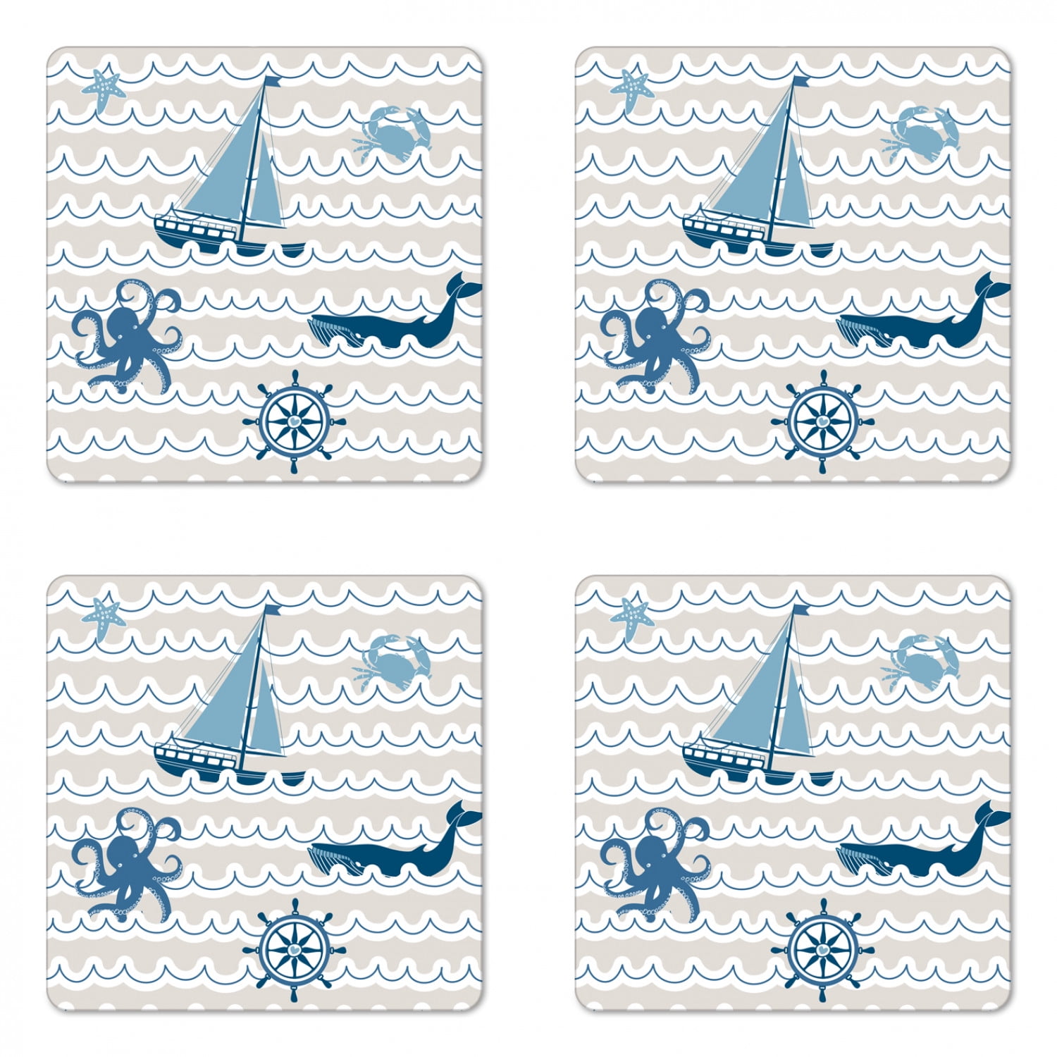 Nautical Coaster Set of 4, Wave Pattern Marine Elements Octopus Crab ...