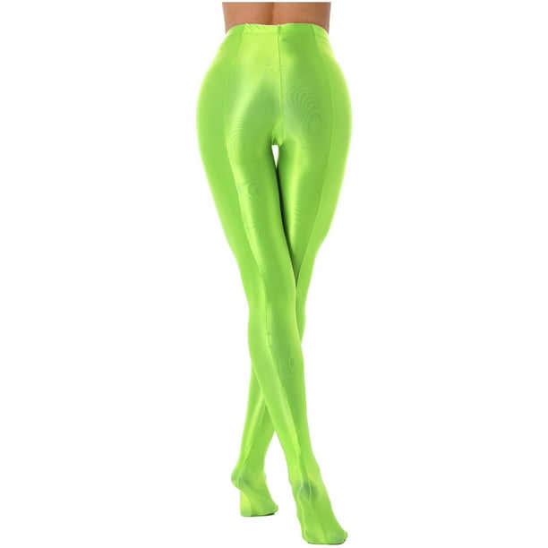 Inhzoy Woman Shiny Oil Glossy Footed Pantyhose Tights Leggings Fluorescent Green Xl