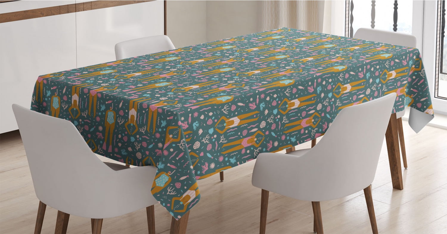 Summer Tablecloth, Swimmer Women in Ocean Coral Reef Beach Sunbathing ...