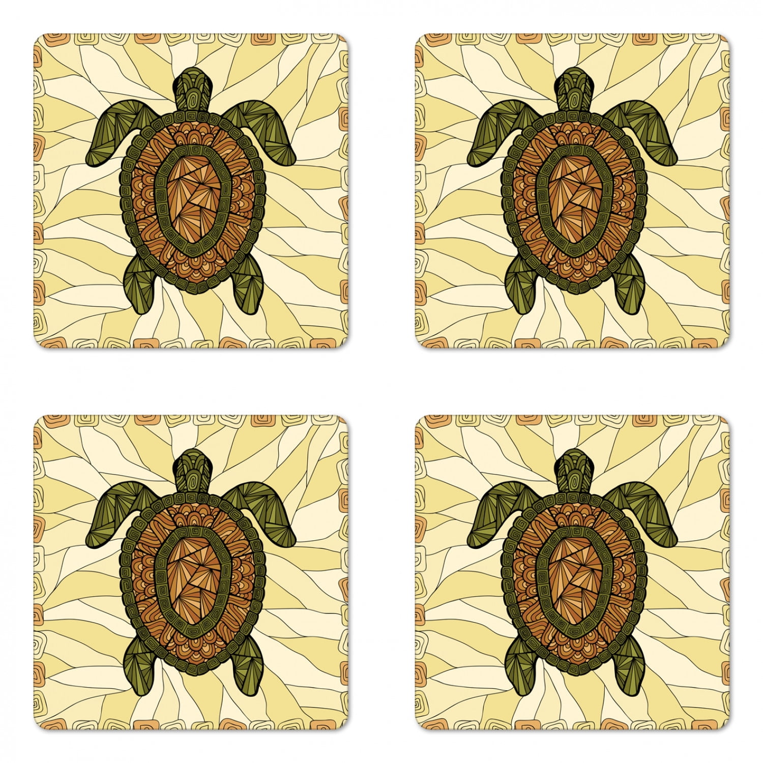 Turtle Coaster Set of 4, Turtle Zentangle on Yellow Background Spiral ...