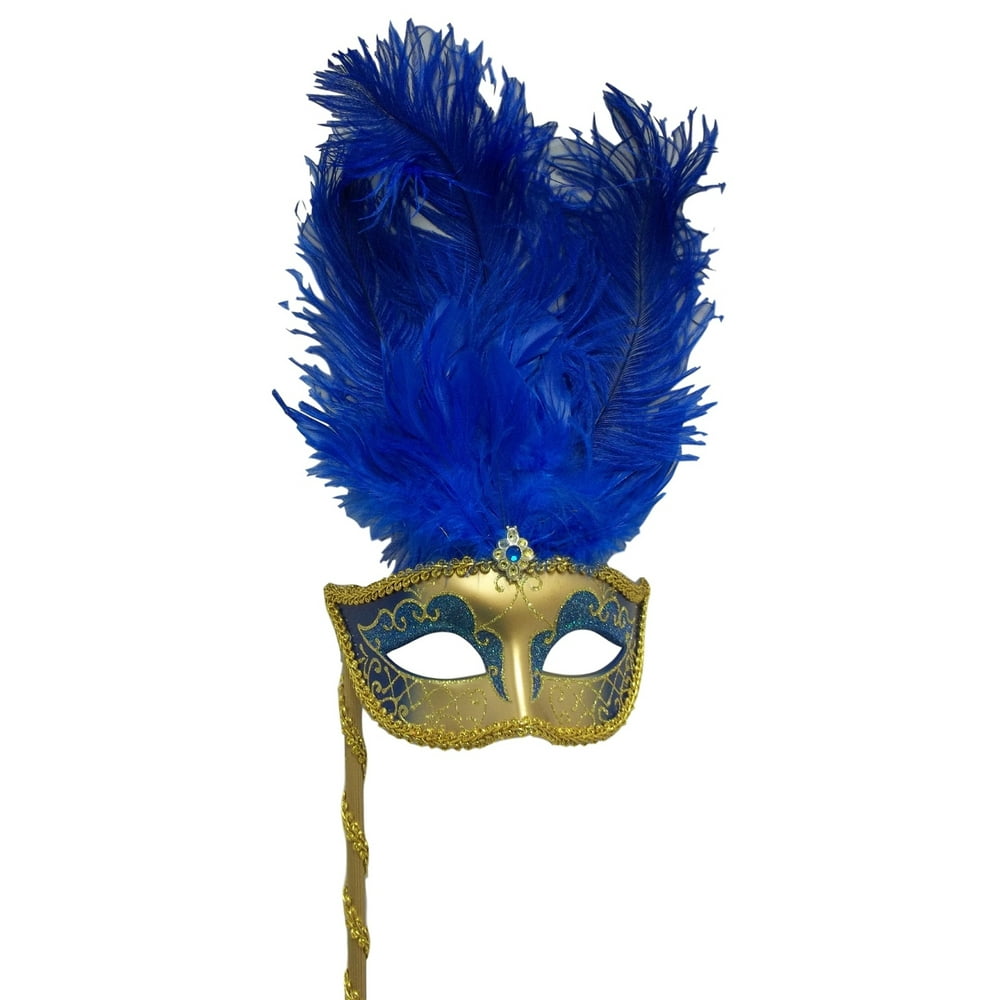 Dark Blue Gold Stick Venetian Masquerade Mardi Gras Feather Mask ...