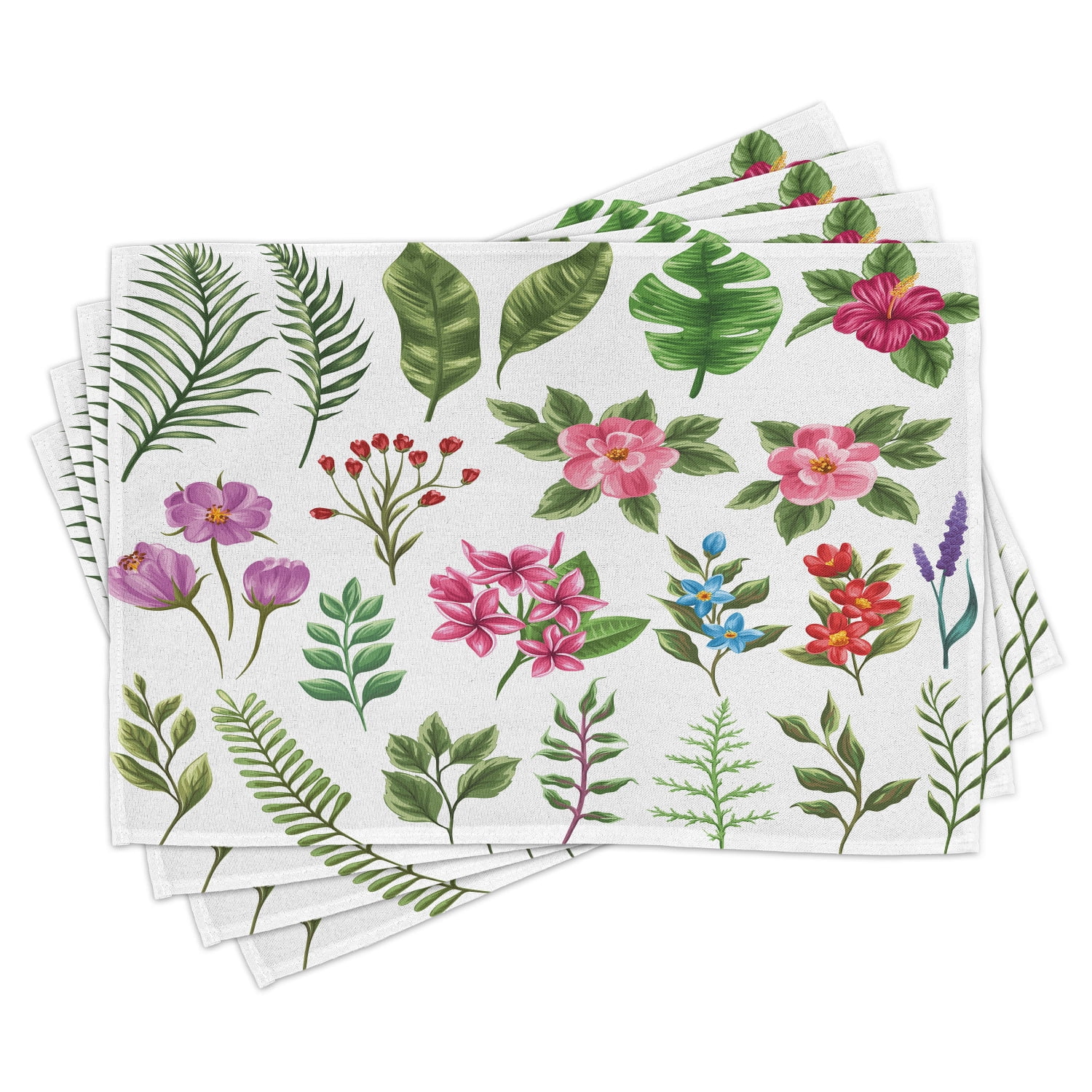 Ambesonne Plant Place Mats Set of 4, Exotic Flowers and Ferns, Standard ...