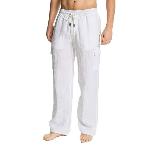 Men's Drawstring Cotton Linen Pants Solid Color Elastic Waist Relaxed ...