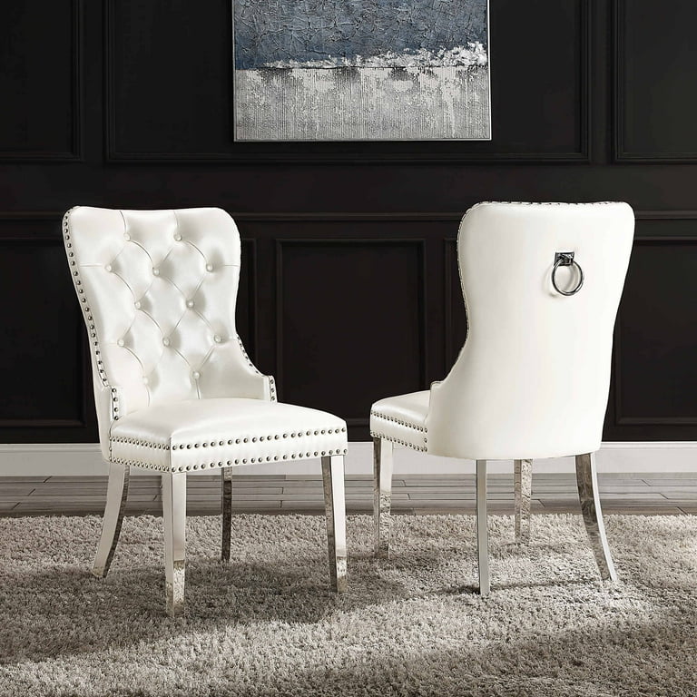 Modern Leatherette Dining Chairs Set of 2 Upholstered Dining Room Chairs in Button Tufted and Nailhead Trim with Metal Legs Accent Wingback Armless Side Chair for Living Room White Walmart