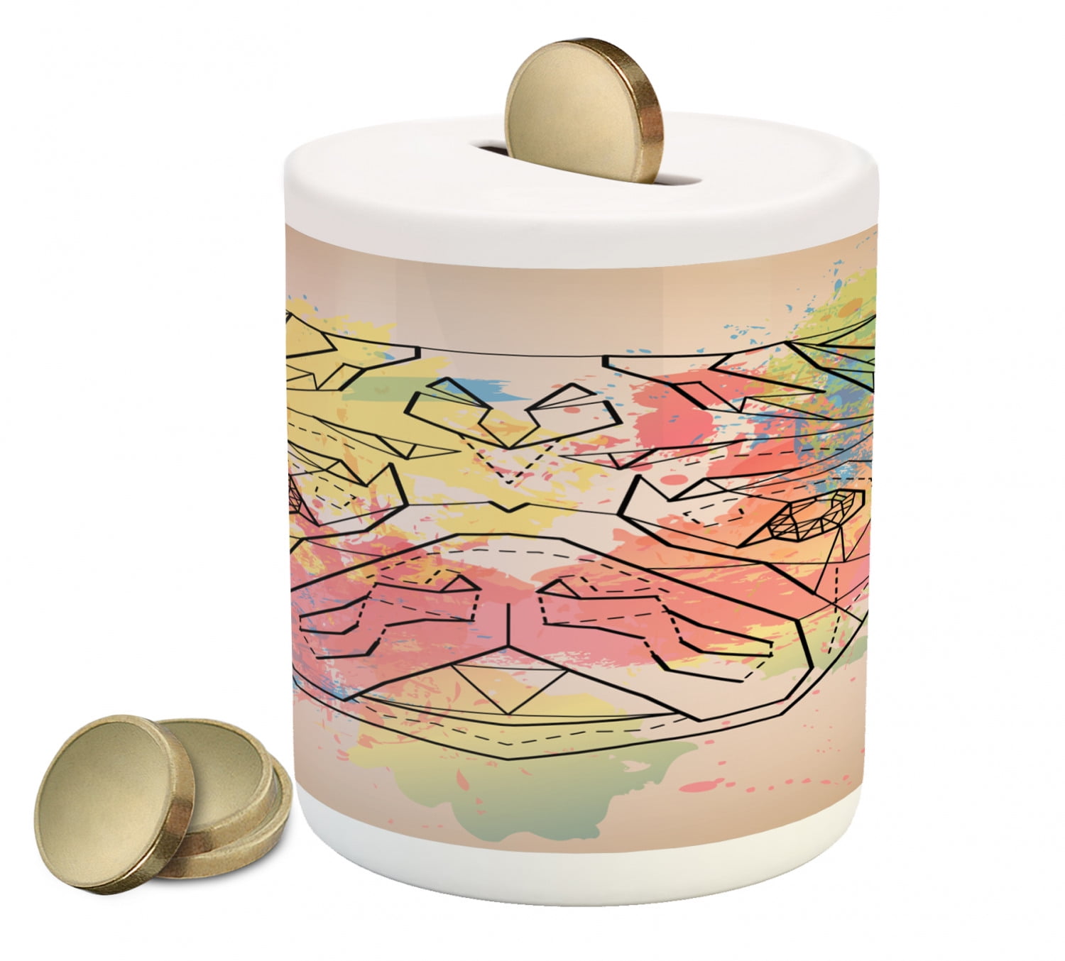 Pug Piggy Bank, Vibrant Colored Background with Color Splashes and Line ...