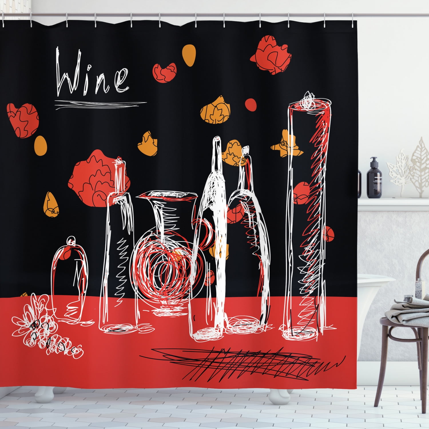 Ambesonne Wine Shower Curtain, Wine Bottles and Decanter, 69"Wx84"L ...