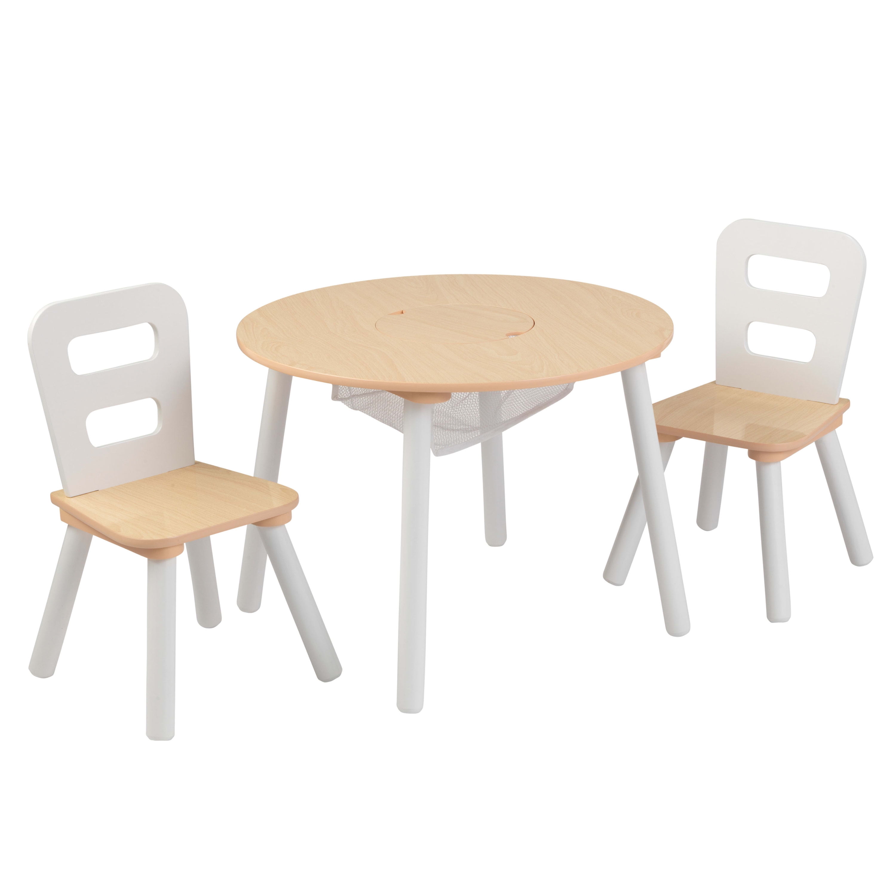 KidKraft Wooden Kids Round Storage Table & 2 Chair Set, Natural & White ...