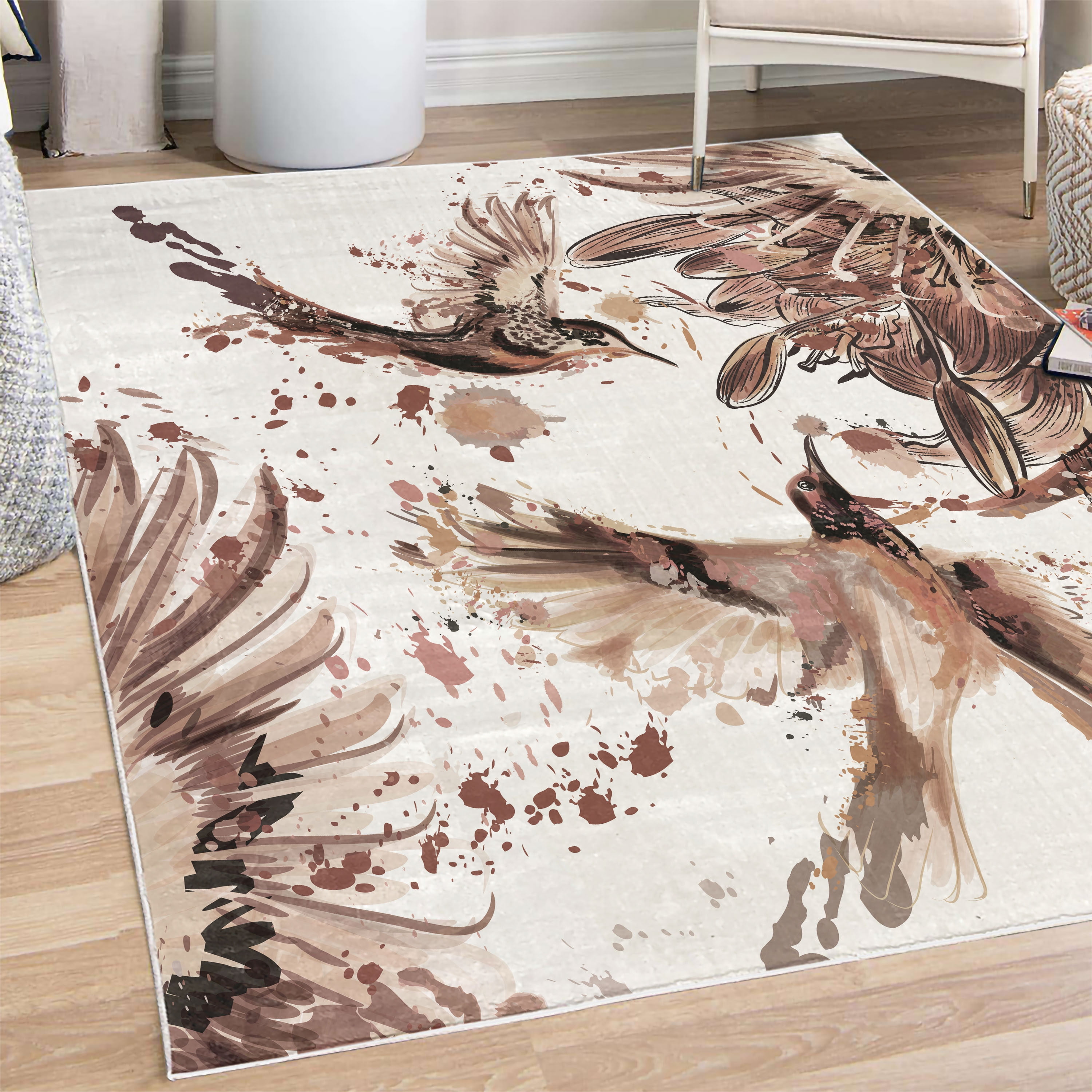 Hummingbird Decorative Rug, Art Lily Flowers Birds and Color Splashes ...