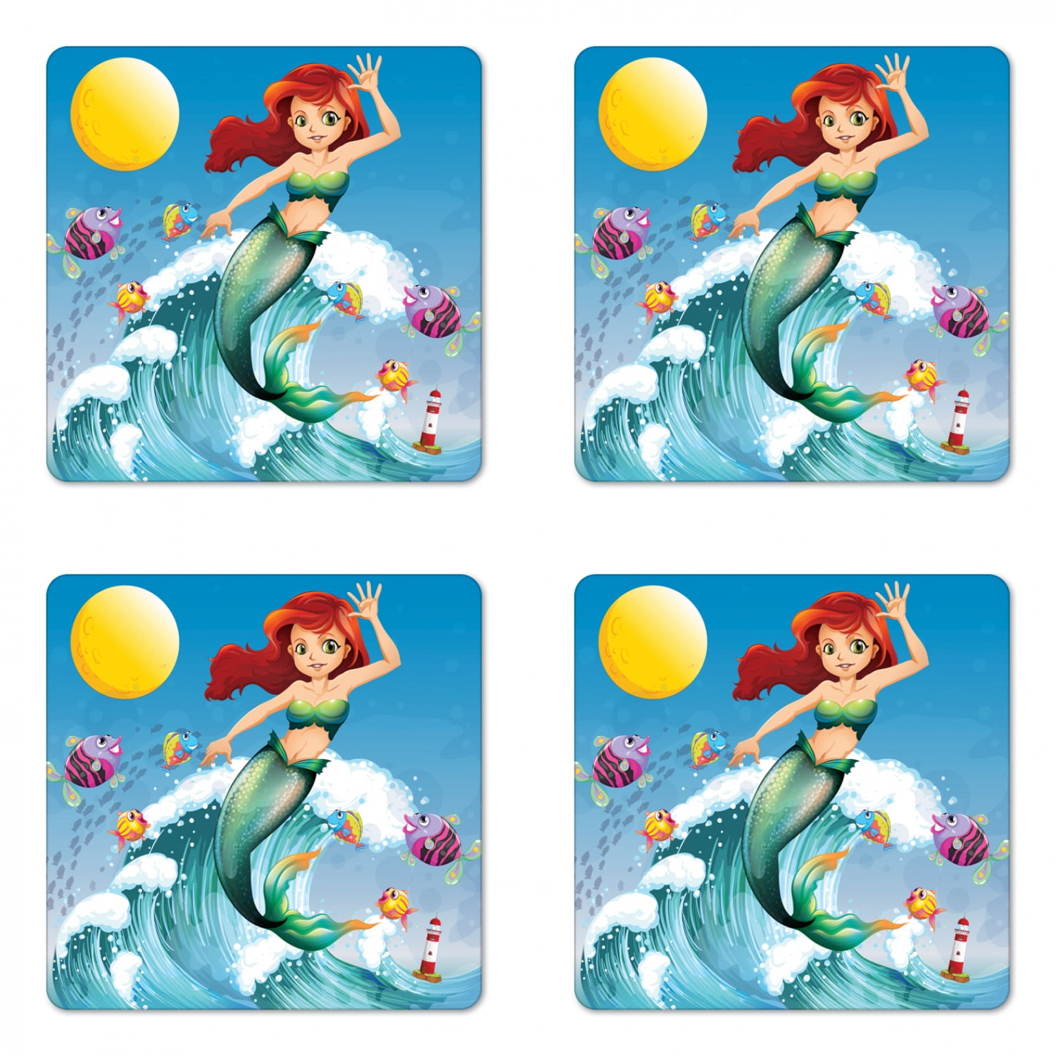 Mermaid Coaster Set of 4, Illustration Little Girl on top of a Big Wave ...