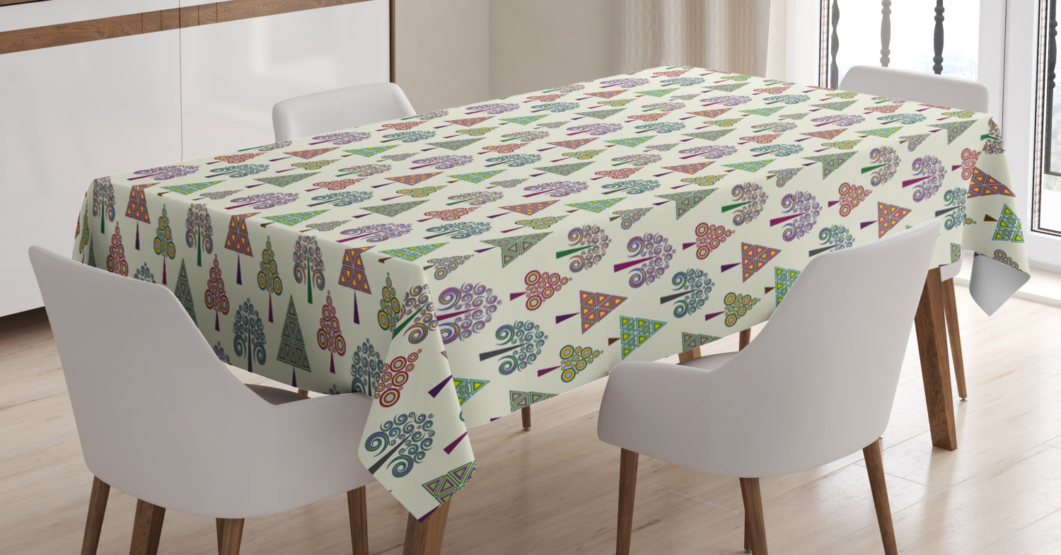 Geometric Forest Tablecloth, Trees with Spirals Triangles and Circles ...