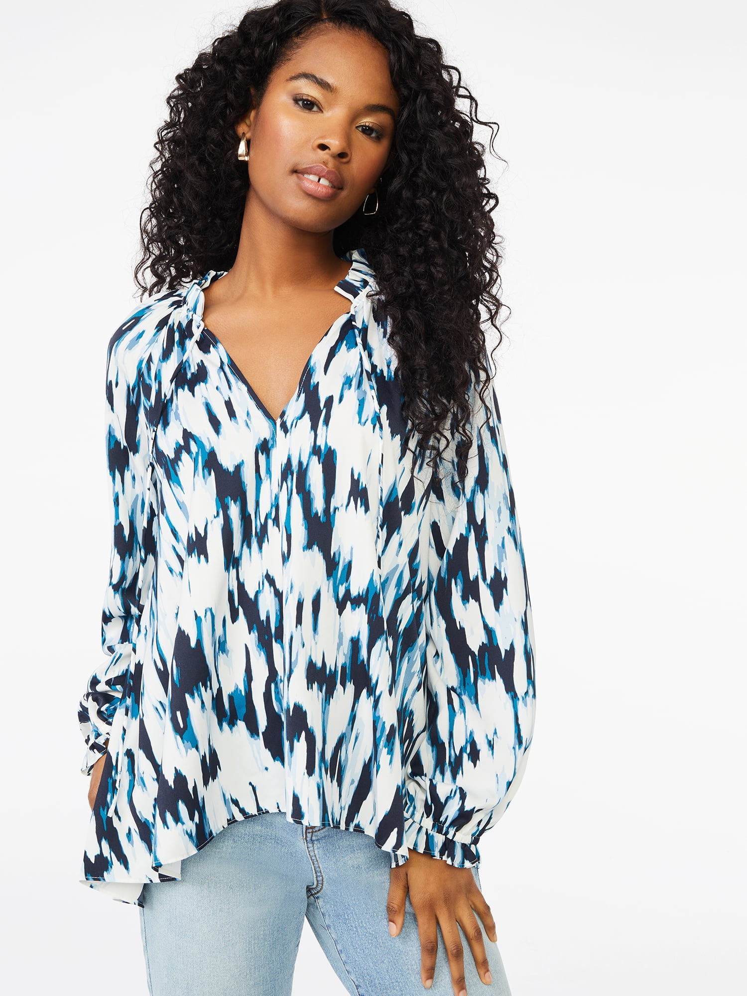 Scoop Women’s Woven Split Neck Top with Tie Neck - Walmart.com