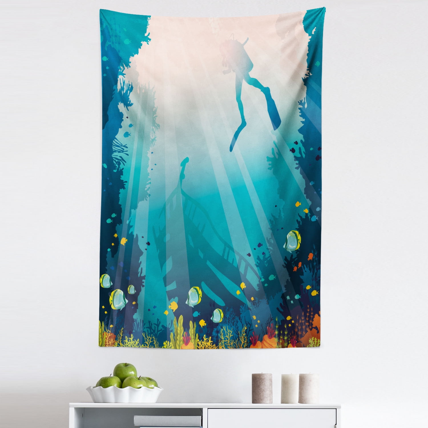 Sea Life Tapestry, Silhouette of a Scuba Diver Sunken Ship and Coral ...