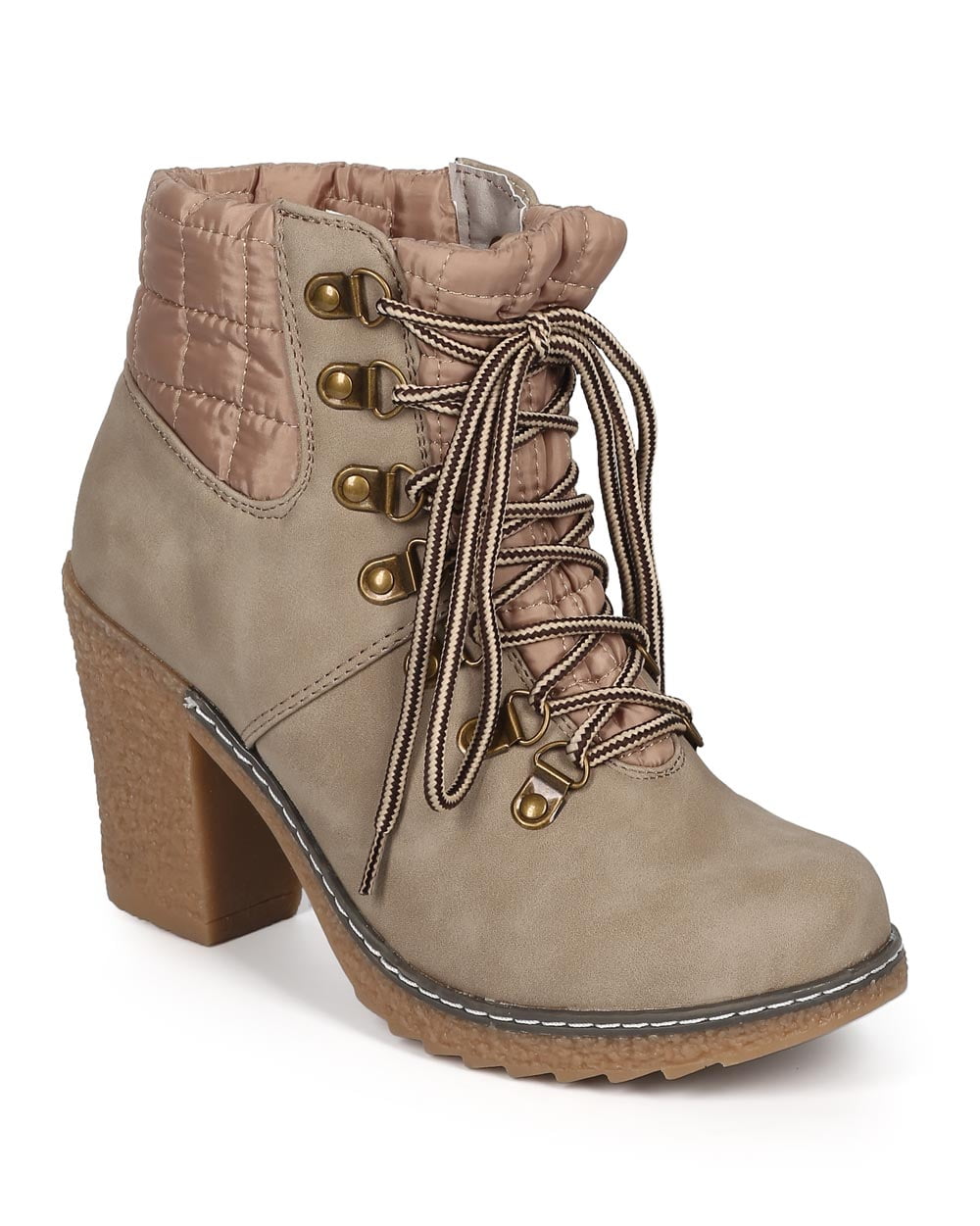 Nature Breeze DK51 Women Quilted Mix Media Lace Up Chunky Heel Bootie ...