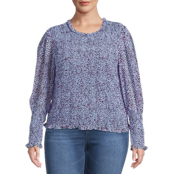 Terra And Sky Womens Plus Size Long Sleeve Smocked Top