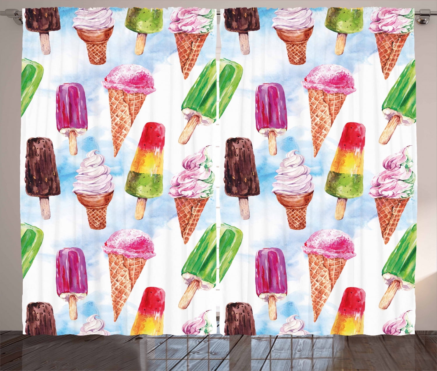Ice Cream Decor Curtains 2 Panels Set, Surreal Exotic Type of Ice Cream ...