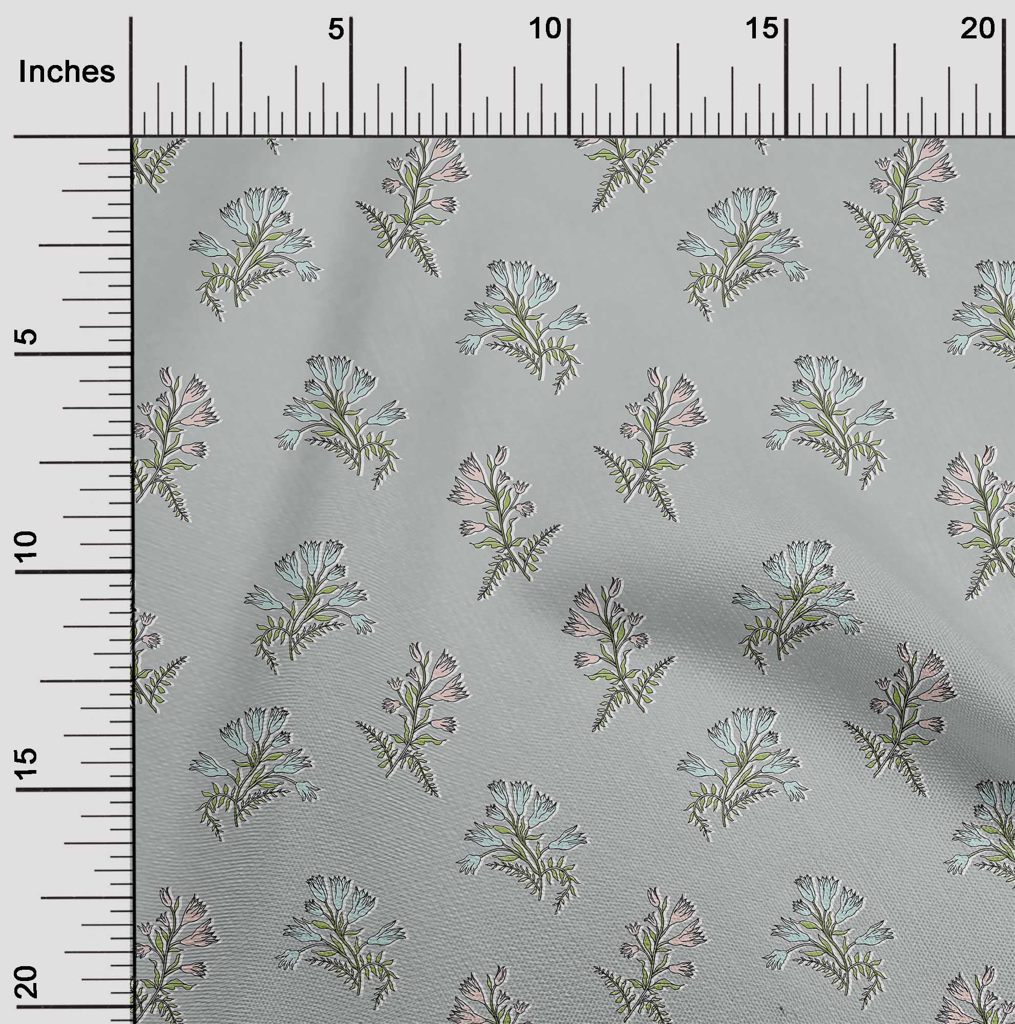 oneOone Cotton Poplin Light Gray Fabric Leaves & Flower Floral Sewing ...