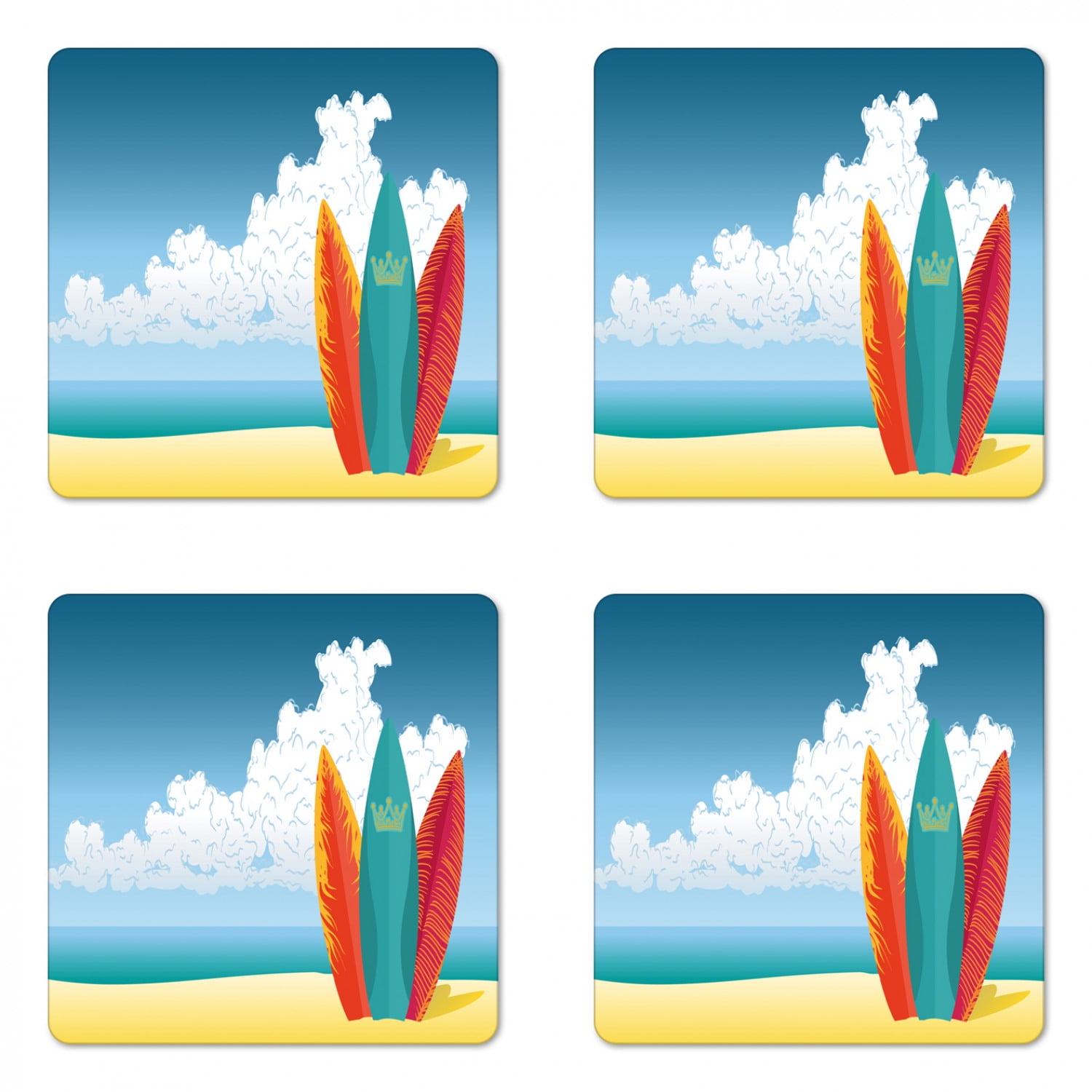 Graphic Beach Coaster Set of 4, Summer Water Sports Illustration of ...