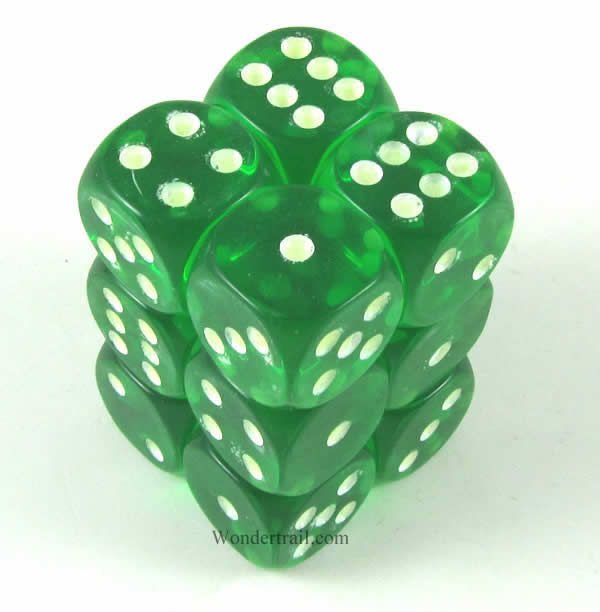 Green Transparent Dice with Glow in the Dark Pips D6 16mm (5/8in) Pack ...