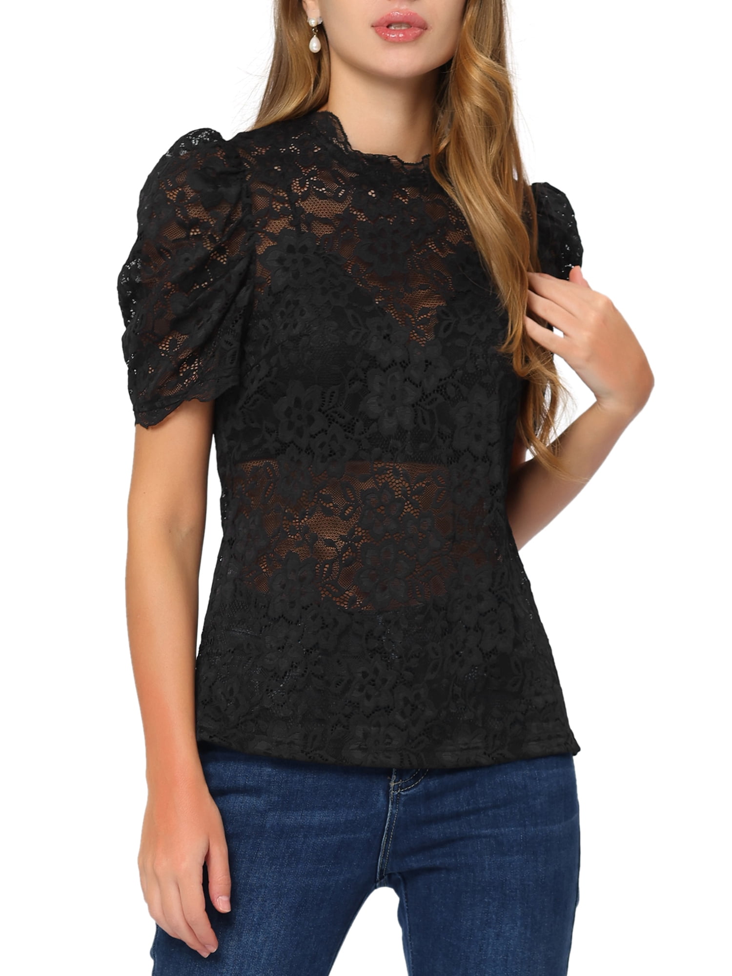 Allegra K Women's Lace Blouse Mock Neck Puff Short Sleeves Lace Tops ...