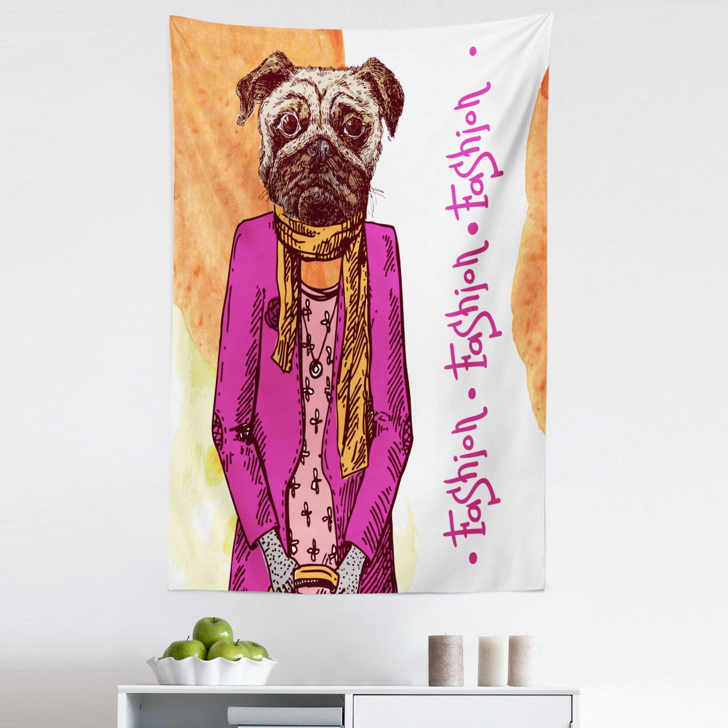 Pug Tapestry, Fashion Dog with Cool Clothes Scarf Necklace Jacket ...