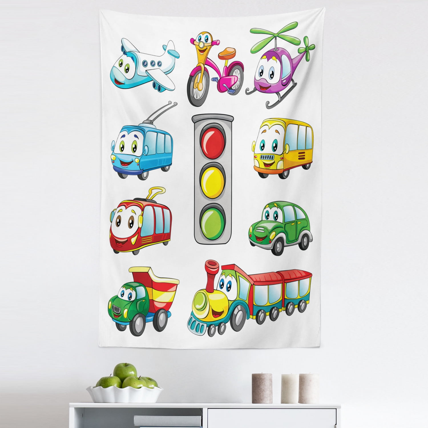 Cartoon Tapestry, Style Urban Public Transportation Characters with ...