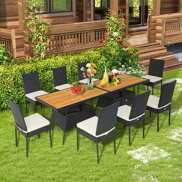 Gymax 9PCS Outdoor Furniture Rattan Patio Dining Set w/ 8 Stackable Cushioned Chairs Acacia Wood ...