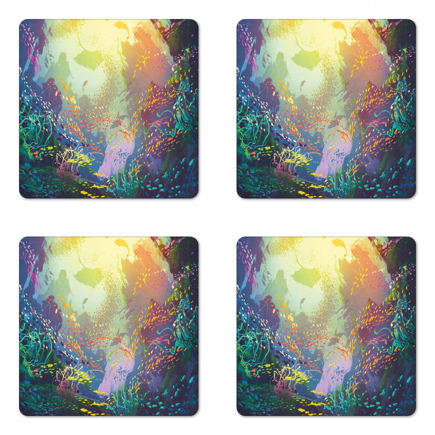 Sea Animals Coaster Set of 4, Underwater with Coral Reef and Colorful ...