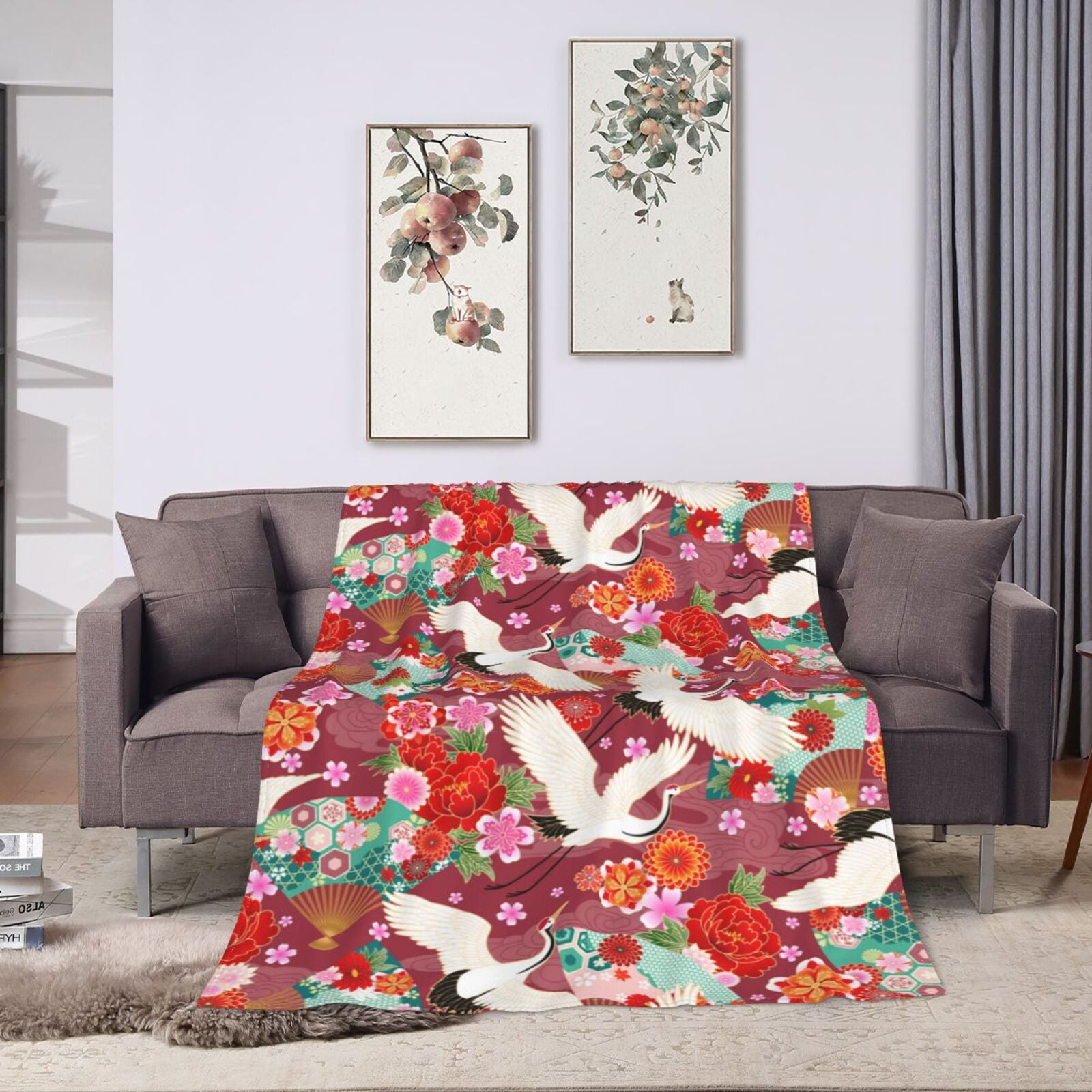ZNDUO Seamless Floral Cranes Pattern Throw Blanket, Lightweight Cozy ...