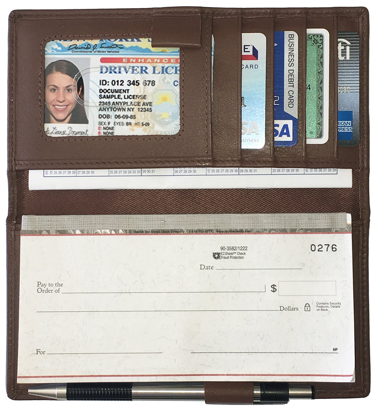 Walnut RFID Leather Checkbook Cover With Credit Card Slots and Pen ...